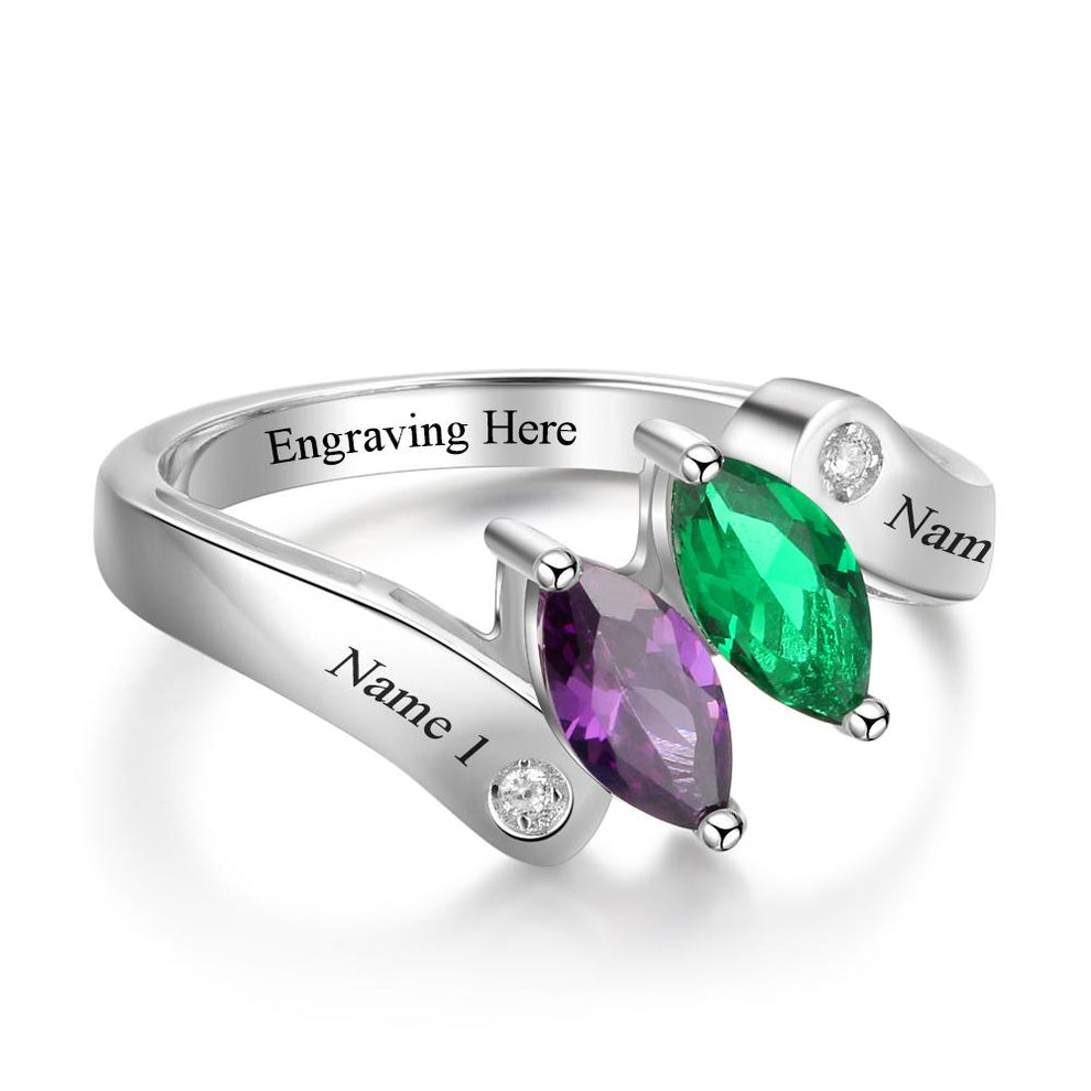 Personalized Mother's Ring 2 Marquis Dual Birthstones 2 Engraved Names – Think Engraved