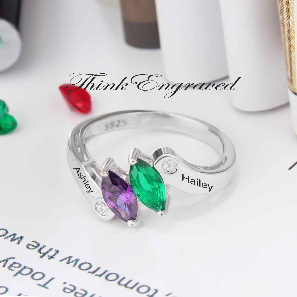 Personalized Mother's Ring 2 Marquis Dual Birthstones 2 Engraved Names – Think Engraved
