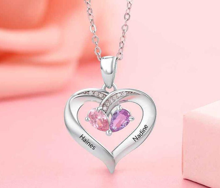 Personalized 2 Birthstone Mother's Heart Necklace Inner Heart - 2 Name ...