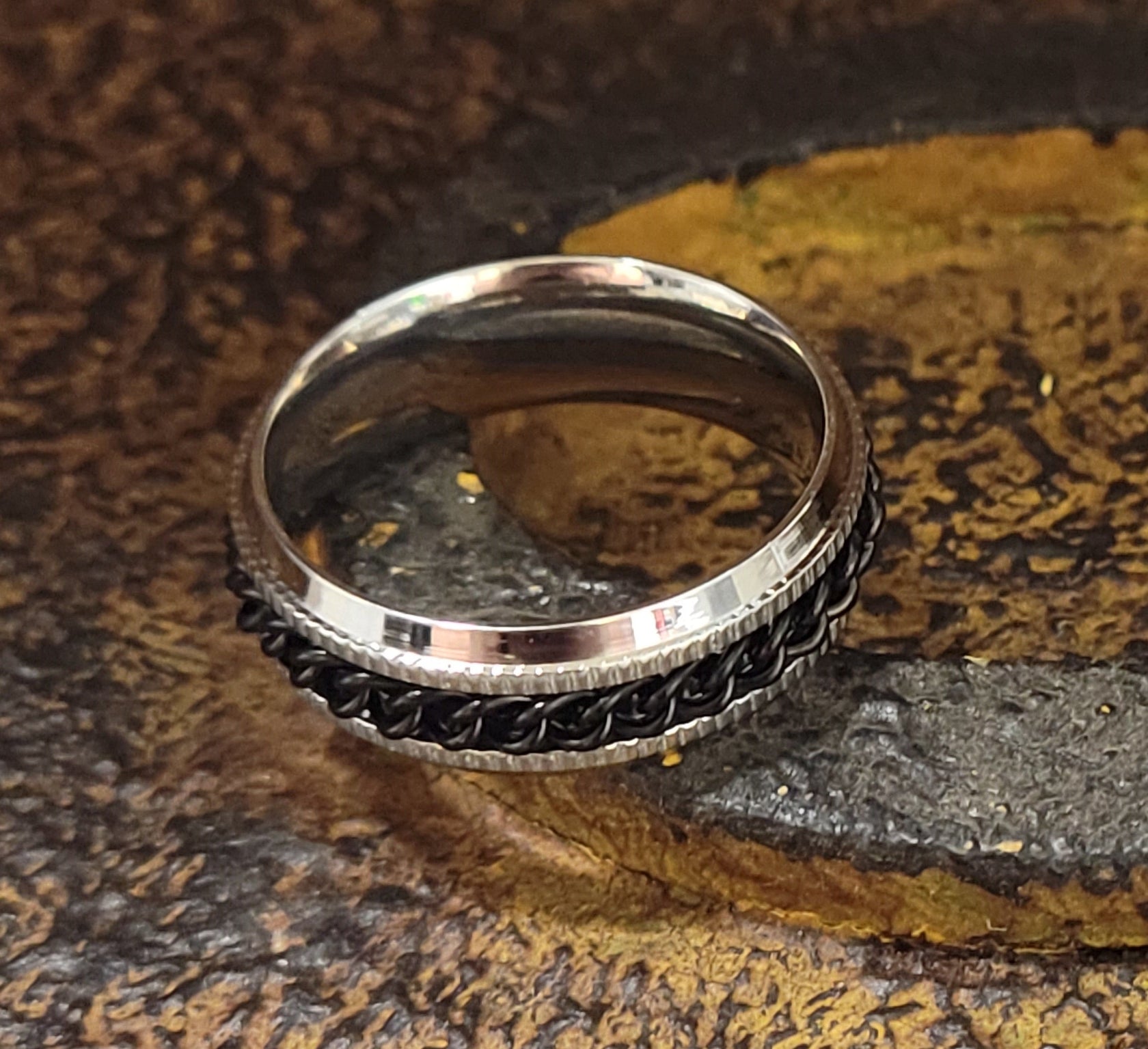 Personalized Engraved Men's Black Chain Spinner Wedding Ring - Silver ...